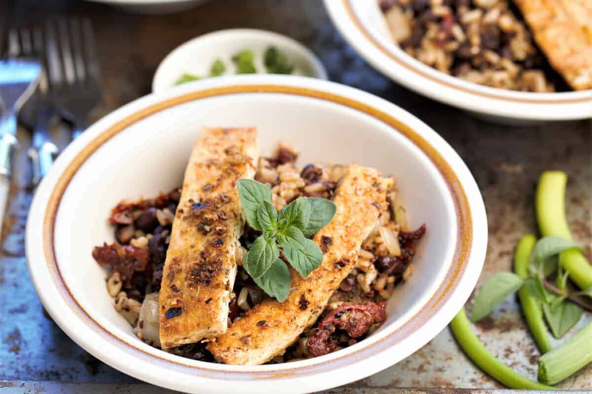 Crispy Cuban Tofu Rice and Beans. Spicy,crispy incredibly delicious.