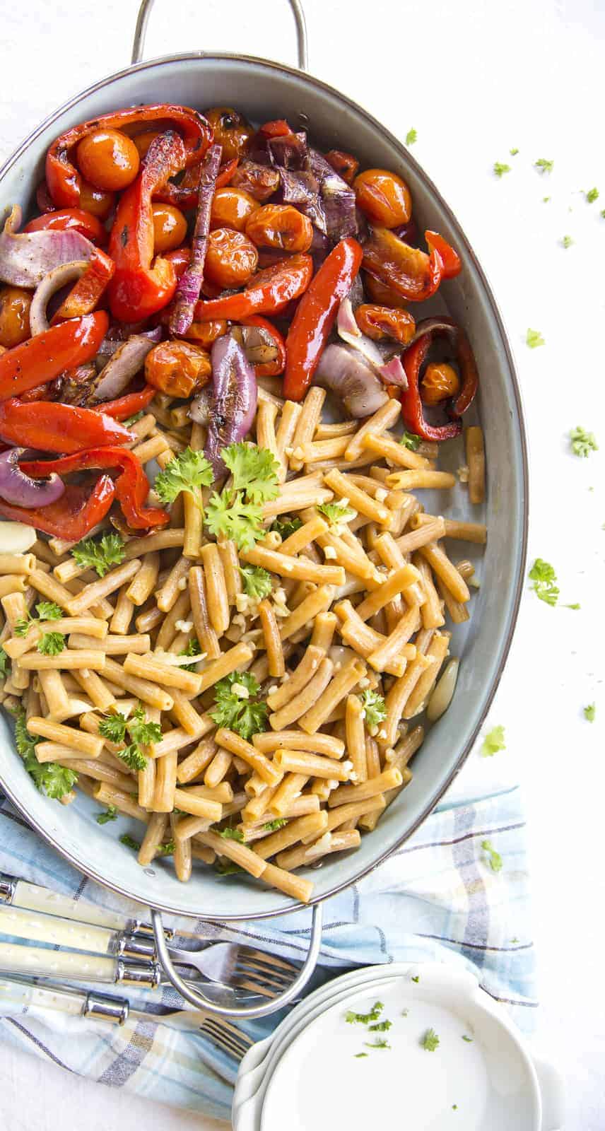 Garlic Lentil Vegetable Pasta. Vegan, gluten free, dairy free.